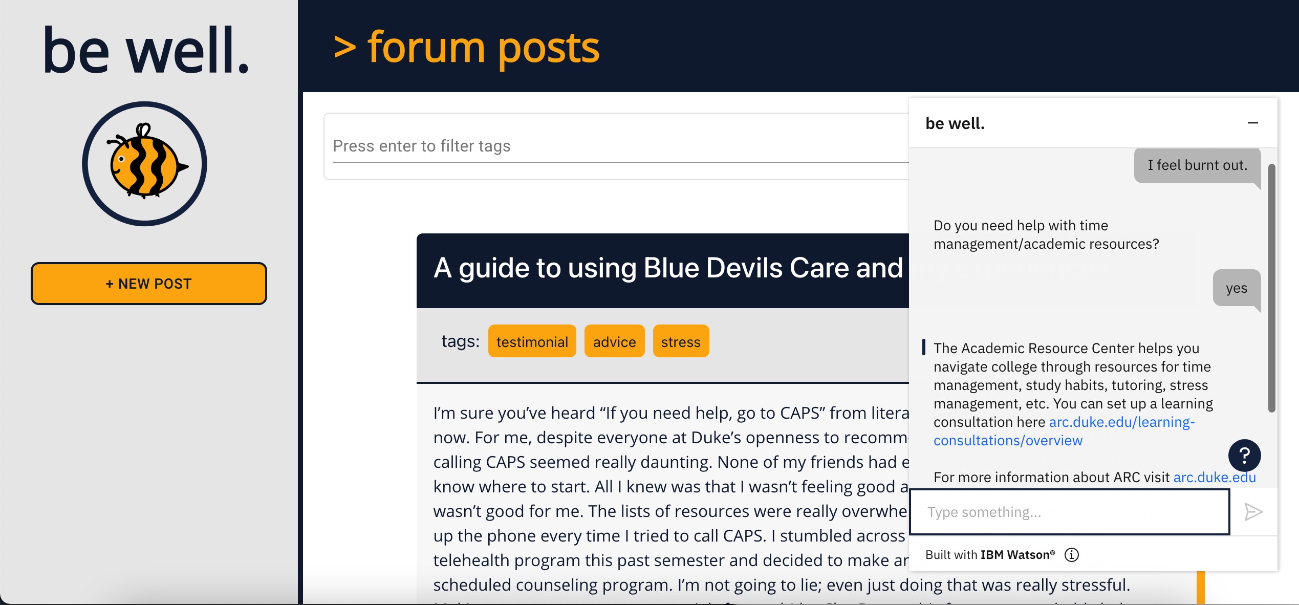 Be Well: Mental Health for Students, by Students | Devpost