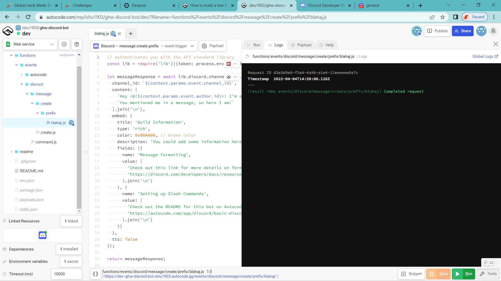 Global hack week discord bot | Devpost