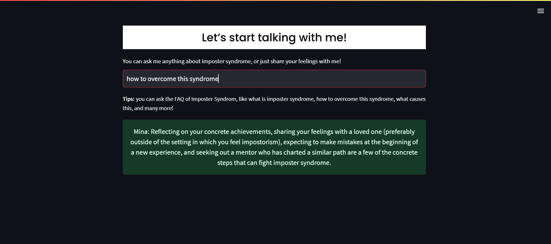 Mina: Your Personal Assistant to Conquer Imposter Syndrome | Devpost