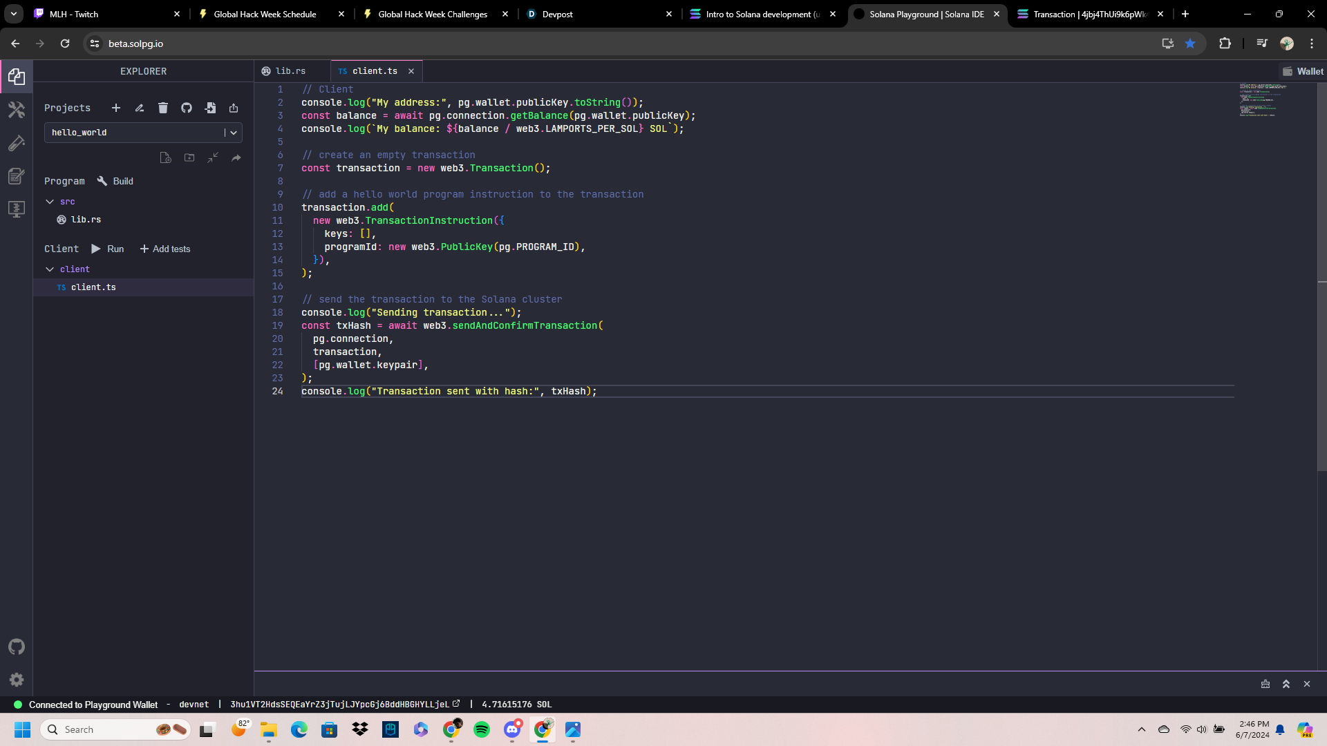 Hello World program on Solana Playground | Devpost