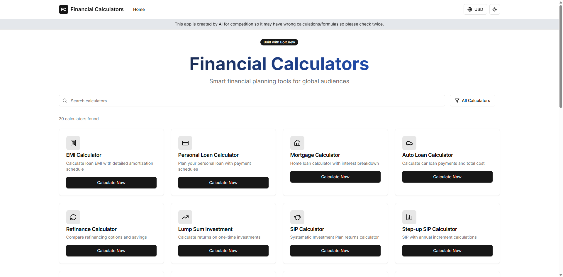 Financial Calculators (one-shot prompt challenge) | Devpost