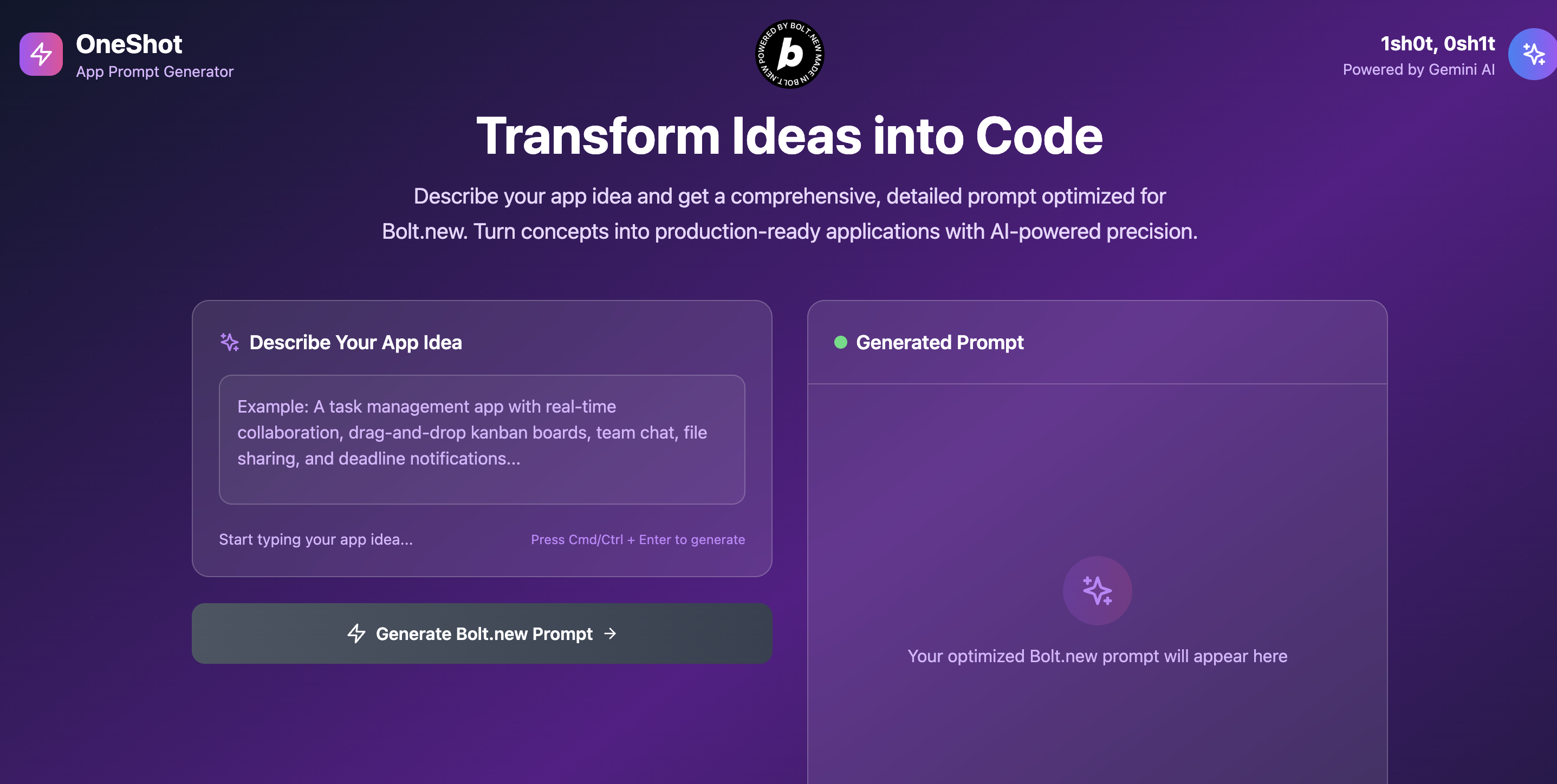 OneShot App Prompt Generator | Devpost