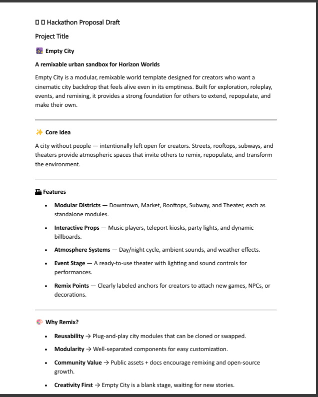 Empty City — Pitch for a Horizon World | Devpost